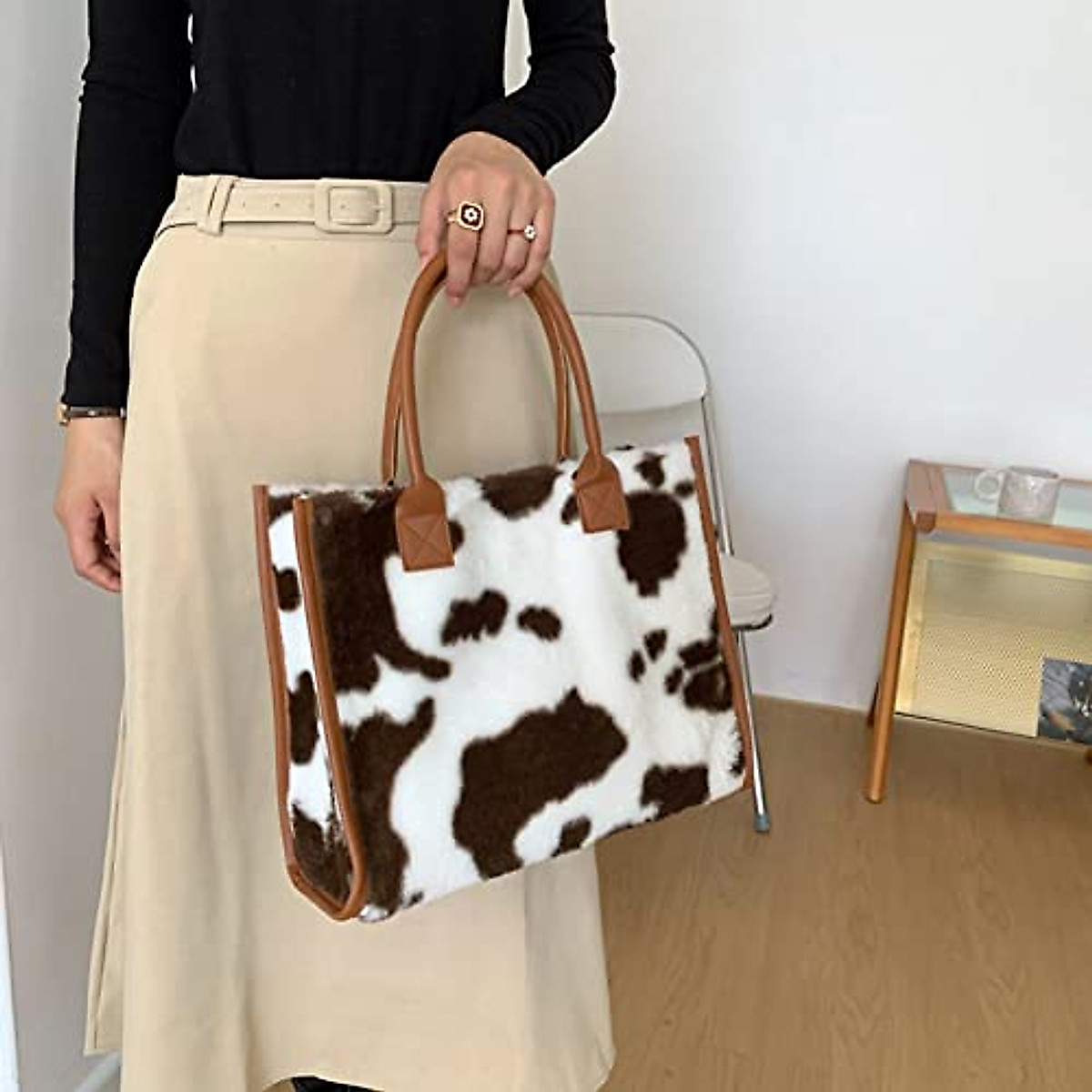 Fashion Women PU Leather Plush Animal Pattern Print Handbag Autumn Winter Casual Large Capacity Tote Bags