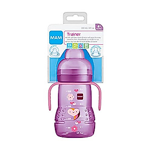 MAM Plastic Trainer Cup (1 Count), 8 oz. Trainer Drinking Cup with Extra-Soft Spout, Spill-Free Nipple, and Non-Slip Handles, for Girls 4+ Months, Designs May Vary