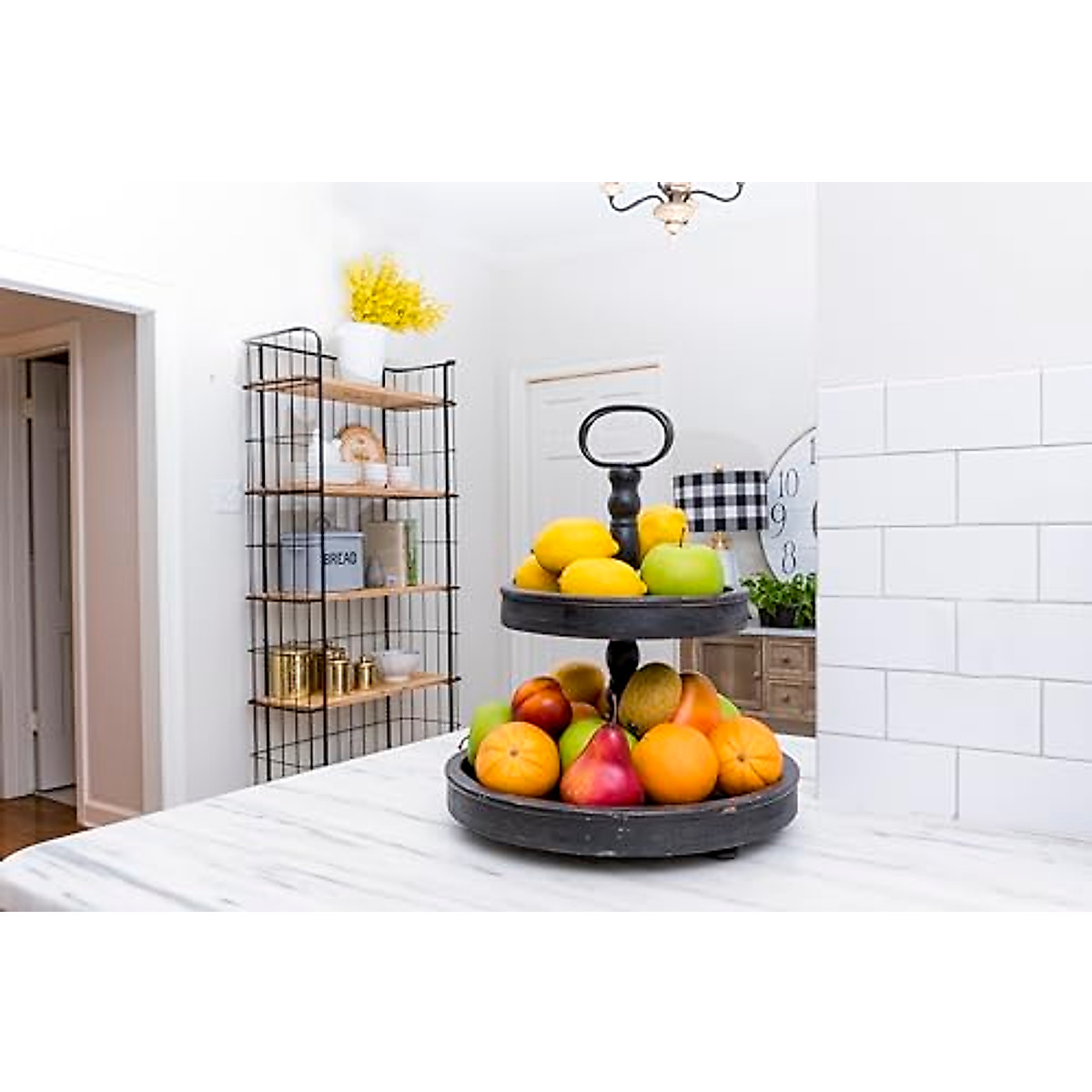 Creative Co-op EC0112 Distressed Wood 2-Tier Tray with Metal Handle, Black