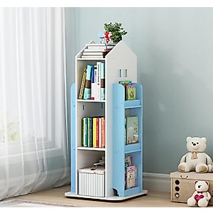 mopam 360° Rotating House Bookshelf 3-Tier Floor Standing Revolving House Bookcase Book Storage Shelf Organizer for Home Office Decor, Blue