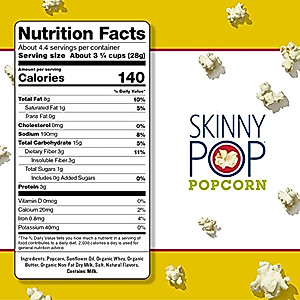 SkinnyPop Butter Popcorn, Gluten Free, Non-GMO, Healthy Popcorn Snacks, Skinny Pop, 4.4oz Grocery Size Bag