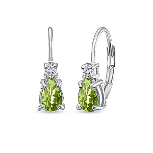 Peridot Earrings for Women Teardrop Green Gemstone and Round CZ Sterling Silver Leverback Earring Fashion Bridesmaids Summer Trendy
