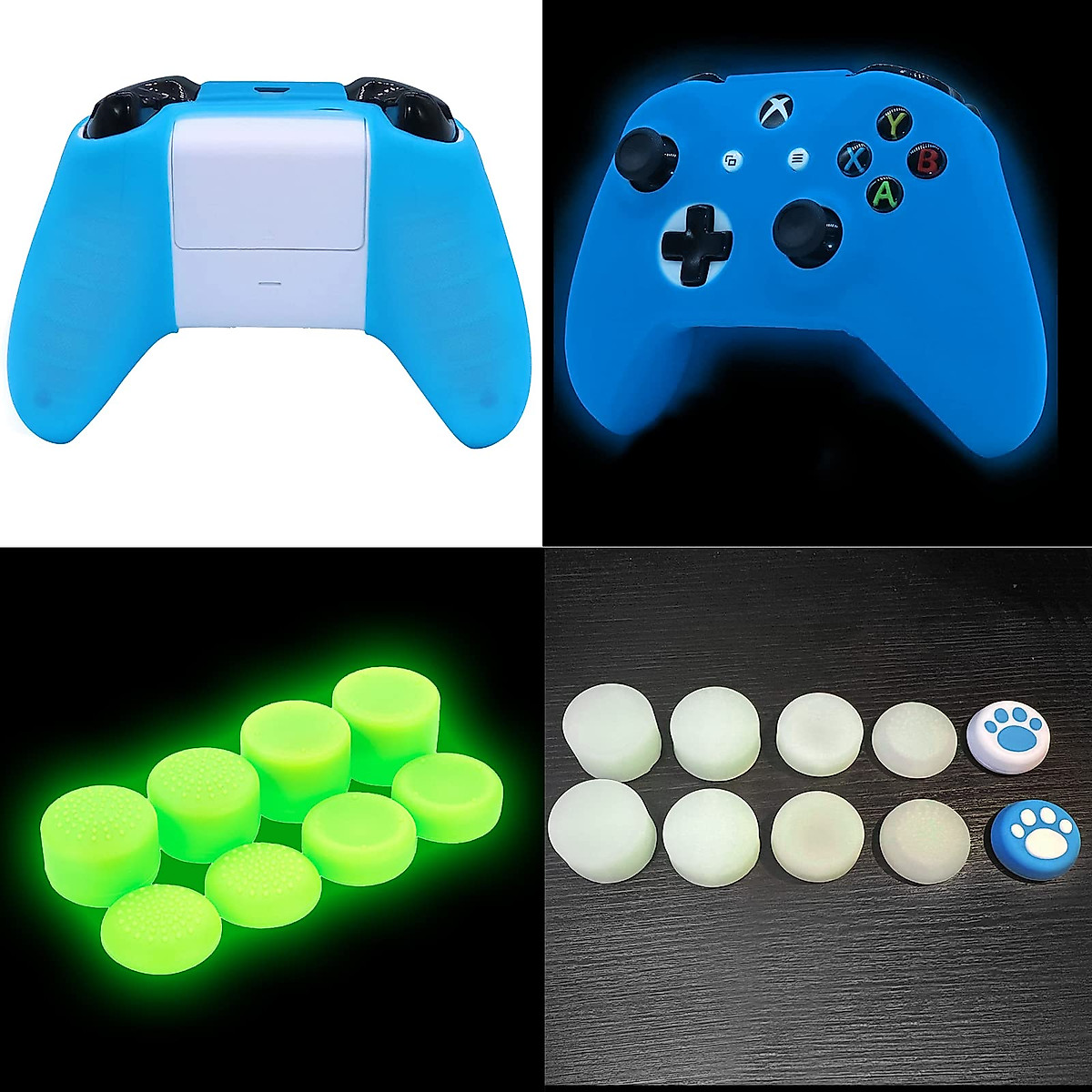 HLRAO Blue Silicone Cover Skin for Xbox One S/X Controller Glow in The Dark Anti-Slip Soft Rubber Case Protector Accessories Set with 8 Glow in The Dark Thumb Grips Caps + 2 Cute Cat Paw Caps.