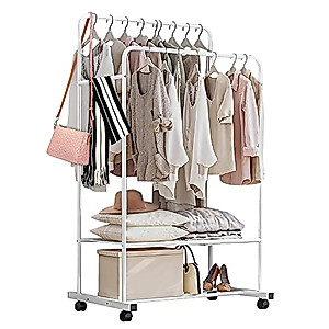 Moclever Rolling Clothes Racks For Hanging Clothes, Garment Rolling Rack With Wheels Double Rails Clothes Rack Rolling Rack For Indoor Bedroom Clothes Rack