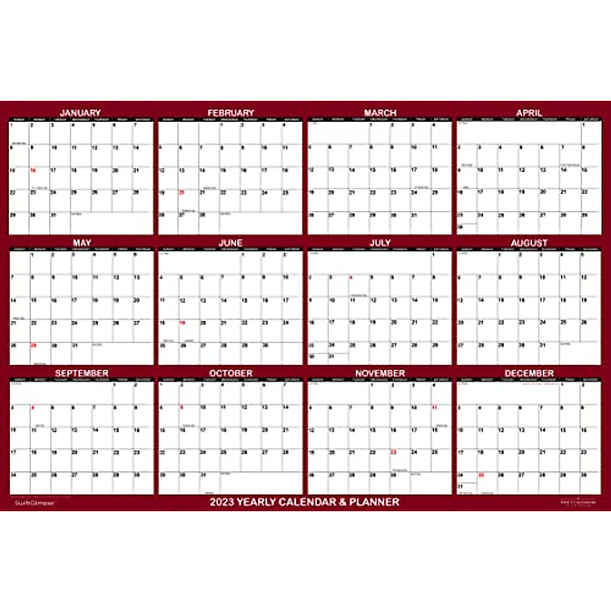 32" x 48" SwiftGlimpse 2023 Wall Calendar Erasable Jumbo XL Wet & Dry Erase Laminated 12 Month Annual Yearly Wall Planner, Reversible, Horizontal/Vertical, Maroon