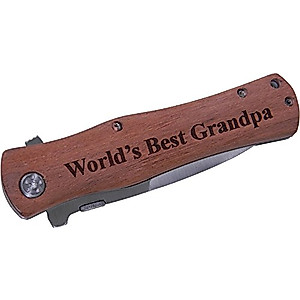 World's Best Grandpa Folding Pocket Knife - Great Gift for Father's Day, Birthday, or Christmas Gift for Dad, Grandpa, Grandfather, Papa (Wood Handle)
