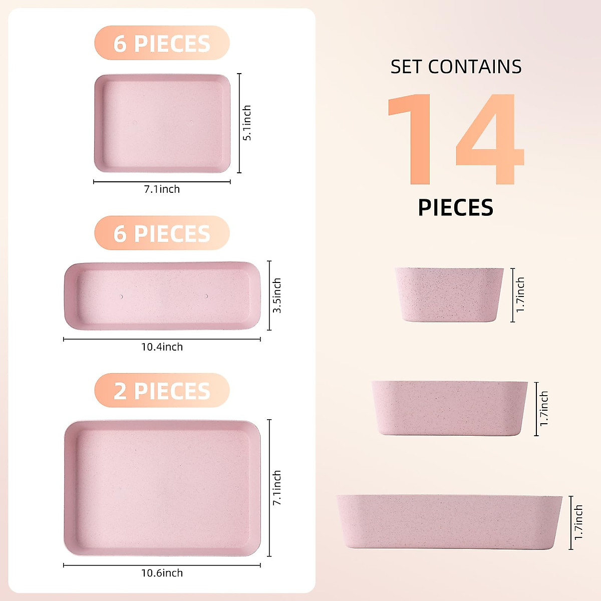 Joyask 14 PCS Desk Drawer Organizer Large Bathroom Drawer Organizers Pink Wheat Straw Vanity Organizers Trays for Drawers 3-Size Makeup Drawer Organizer Fits Makeup Bedroom Kitchen and Office