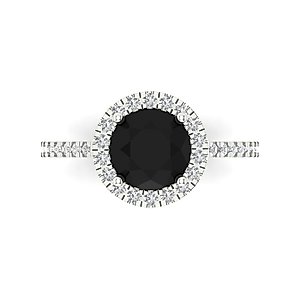1.82ct Round Cut Solitaire halo Natural Black Onyx designer Modern Statement with accent Ring Solid 14k White Gold Size 4.5