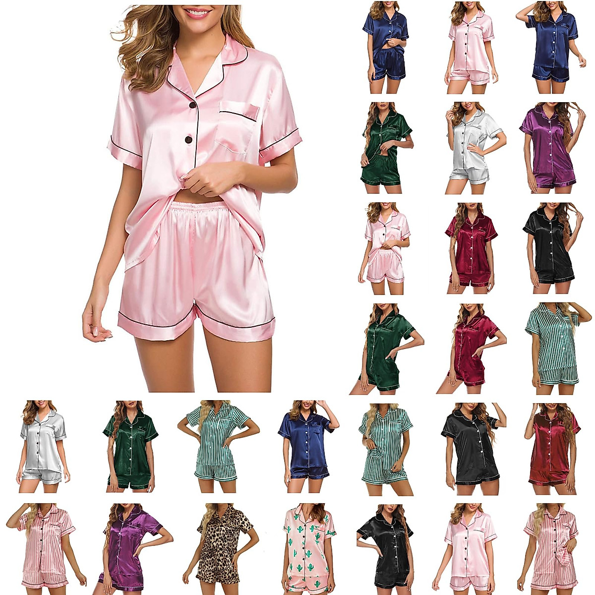 Silk Pajamas Womens Summer Short Sleeve Comfy Sleepwear Soft Satin Button Down Loungewear Cute 2 Piece Silky Pjs Shorts Set Gifts for Mothers Wife Matching Set Night Outfit