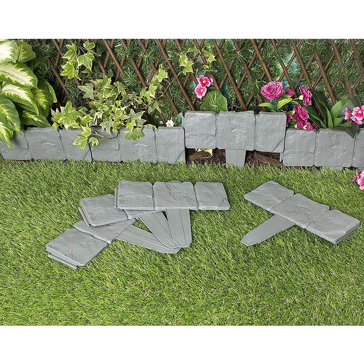 MYOYAY 80pcs Garden Landscape Border Edging - 65ft Plastic Fencing Lawn Border Stone Effect Fence for DIY Decorative Flower and Grass Bed Edging,Interlocking Outdoor Lawn Stakes(Grey)