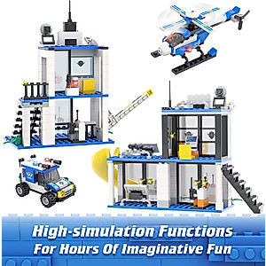 WishaLife City Police Station Building Kit, Includes 4 Police Cars & 2 Helicopter Toy, Gifts for 6 Plus Year Old Kids, Boys & Girls