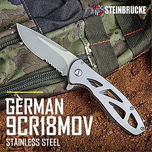 Motovecor Steinbrucke Pocket knife with 3.1”- EDCFolding Knife 9Cr18Mov High Performance Stainless Steel Partially Serrated Blade with Reversible Clip,3.3Oz Titanium coated 60-61 HRC