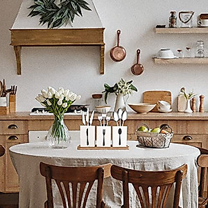 CHONIC Farmhouse Silverware Holder, Rustic Wood Silverware Caddy with Tray, Spoon Fork Knives Flatware Dispenser, Utensil Countertop Organizer, Plastic Cutlery Holder for Kitchen Party (White)