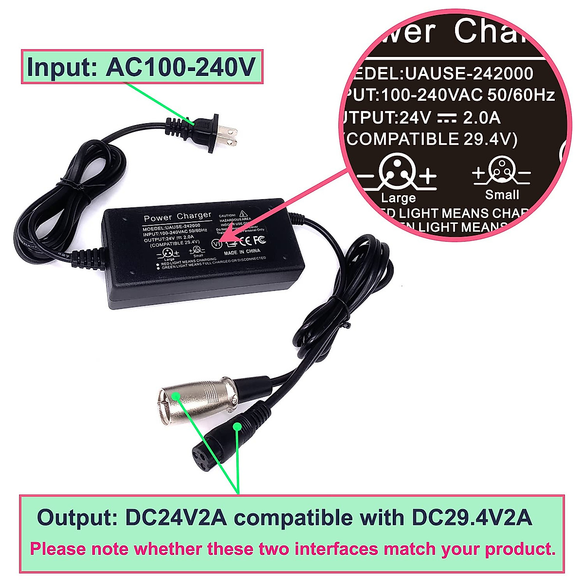 24V29.4V1.5A2A 3 Prong 3-pin XLR Connector Battery Power Charger for Razor Go-Go Elite Traveller Plus HD US, Ezip Mountain Trailz, Jazzy Power Chair Charger, Pride Mobility