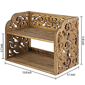 MyGift 2 Tier Dark Brown Solid Wood Desktop Storage Display Shelf with Scrollwork Cutout Design, Study Desk Bookcase for Dorm Room, Office and Home Decor