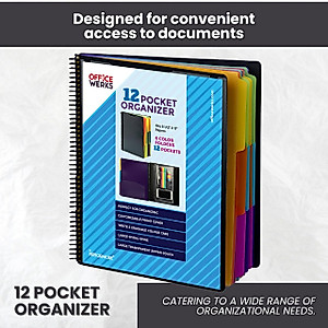 PERFORMORE 12 Pocket Spiral Subject Organizer with 6 Dividers, Folder Organizer Binder with Front Cover Pocket and Customizable Cover, Erasable Write On Tabs for Documents Files Projects