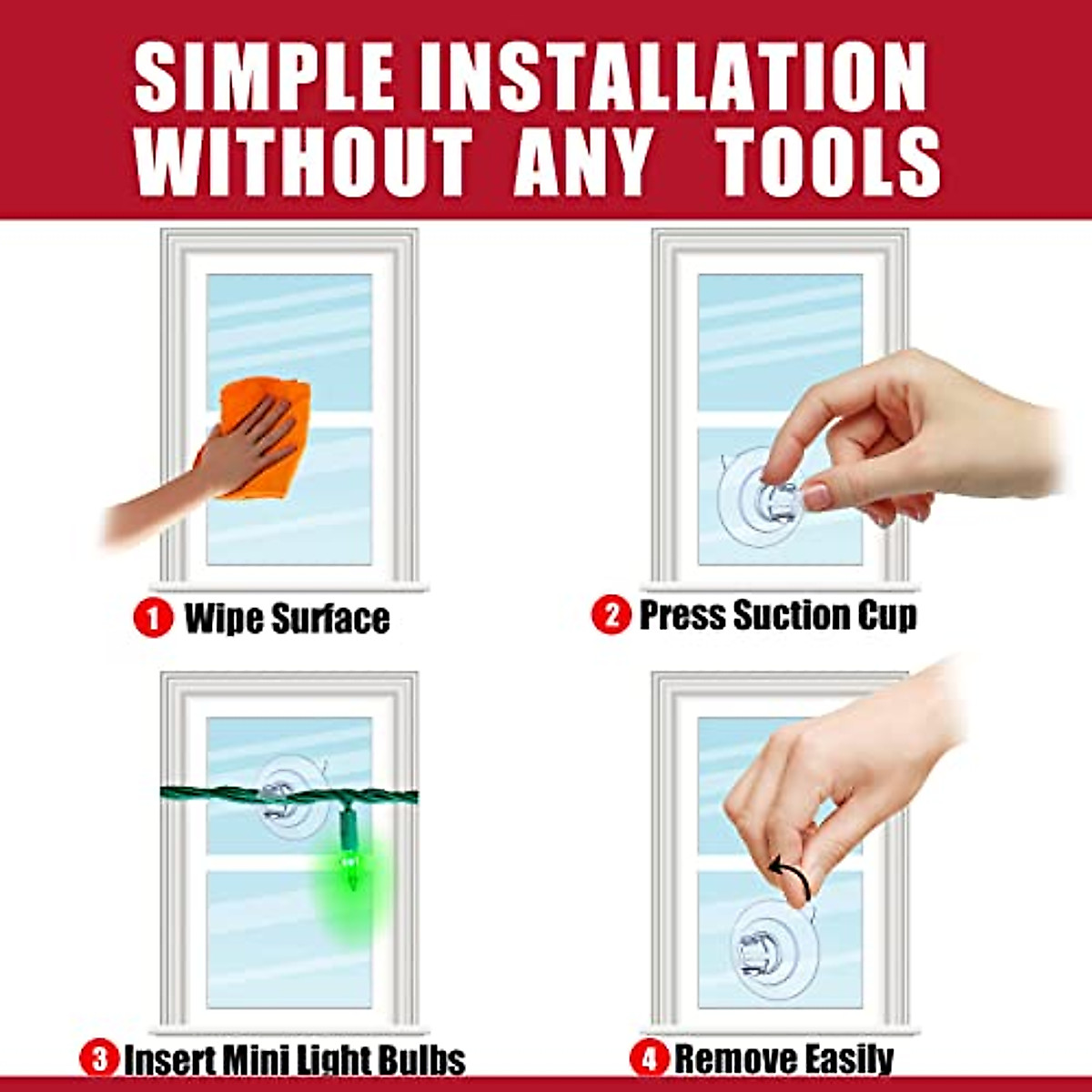 Miuezuth Mini Christmas Light Suction Cups [Set of 60] - Small Holiday Light String Hooks Holders, Clear Rope Light Caddy Window Glass Suction Cup Clips Hang Seasonal Xmas Decorations