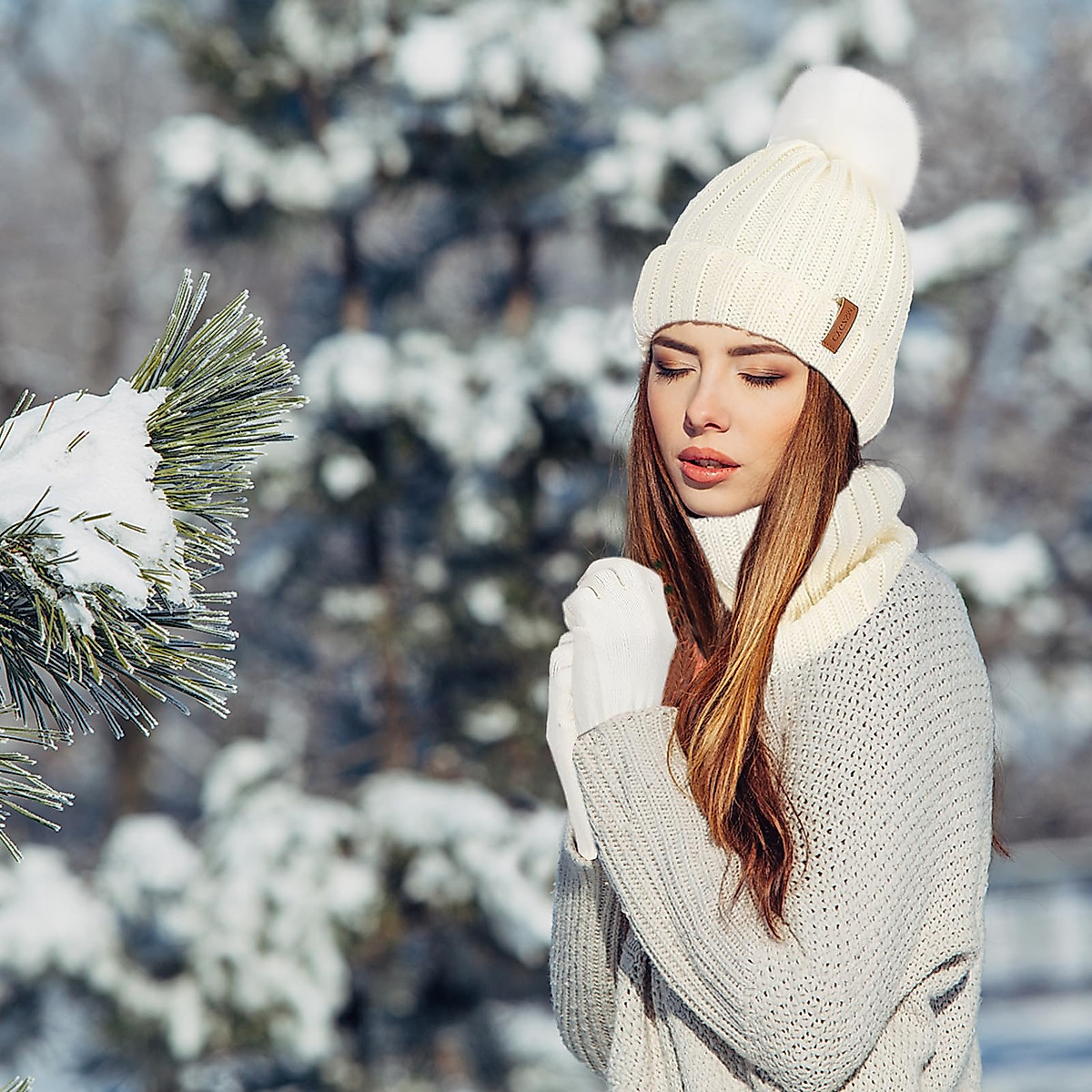 Women Winter Hat Scarf Gloves 3 in 1, Fleece Lined Thick Warm Beanie Hats for women, Knit Slouchy Skull Caps with Pom Pom