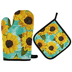 Oyihfvs Seamless Yellow Sunflowers on a Teal Blue Watercolor Texture Oven Mitts Pot Holders Sets Non-Slip Hot Pads Gloves for Kitchen Cooking Baking Grilling BBQ