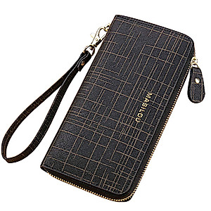 Wallet for Women Wristlet Large Cell Phone Wallet Case Pocket Long Card Holder Coin Purse Bifold RFID Blocking Zipper Clutch Handbag Leather Travel Evening Bag Gifts for Girls Ladies (Black 01)