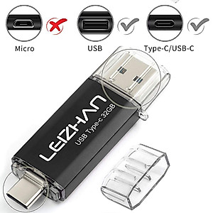 LEIZHAN USB C Flash Drive 32GB Type C Thumb Drive for Samsung Galaxy S10, S10e, S9, S8, S8 Plus, LG G5 G6, Google Pixel XL Data Storage Photo Stick USB 3.0 Type C Pendrive, Black