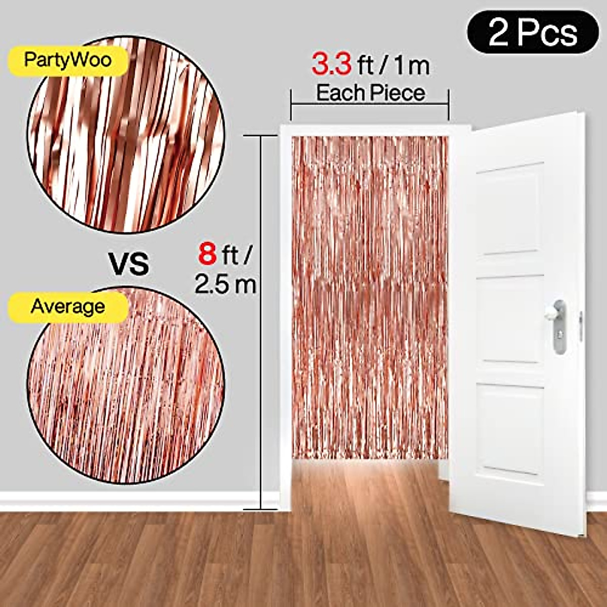 PartyWoo Rose Gold Foil Curtain, 2 pcs 3.3x8.2 ft Rose Gold Sreamers, Tinsel Curtains, Backdrop Curtain, Foil Fringe Curtains for Birthday Decorations, Wedding Bride Bachelorette Party Hen Party