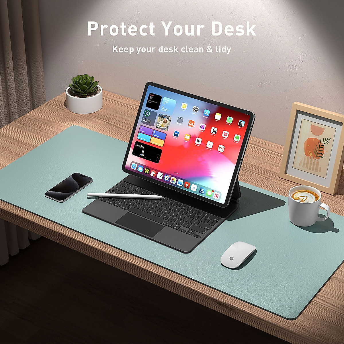 Leather Desk Pad Protector,Mouse Pad,Office Desk Mat, Non-Slip PU Leather Desk Blotter,Laptop Desk Pad,Waterproof Desk Writing Pad for Office and Home (Light Blue,31.5" x 15.7")