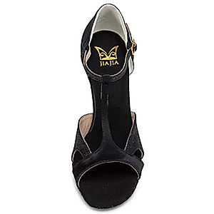 JIAJIA 2055 Women's Satin Sandals Flared Heel Latin Salsa Performance Dance Shoes Color Black,Size 9 B(M) US/40 EU