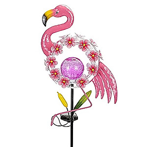 Starryfill 40.5" (H) Garden Solar Lights Outdoor Metal Flamingo Pink Hydrangea Flower Crackle Glass Globe Stake Lights Waterproof Warm White LED for Pathway Lawn Patio or Courtyard(1 PCS)