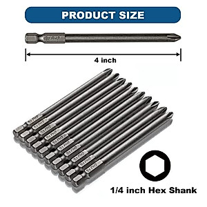 VESTTIO Phillips Cross Slot PH2#2 Long Screwdriver Bit Set 10PCS 1/4 Inch Hex Shank 4 Inch/100 mm Length S2 Steel with Magnetic for Power Screwdriver Drill Impact Driver