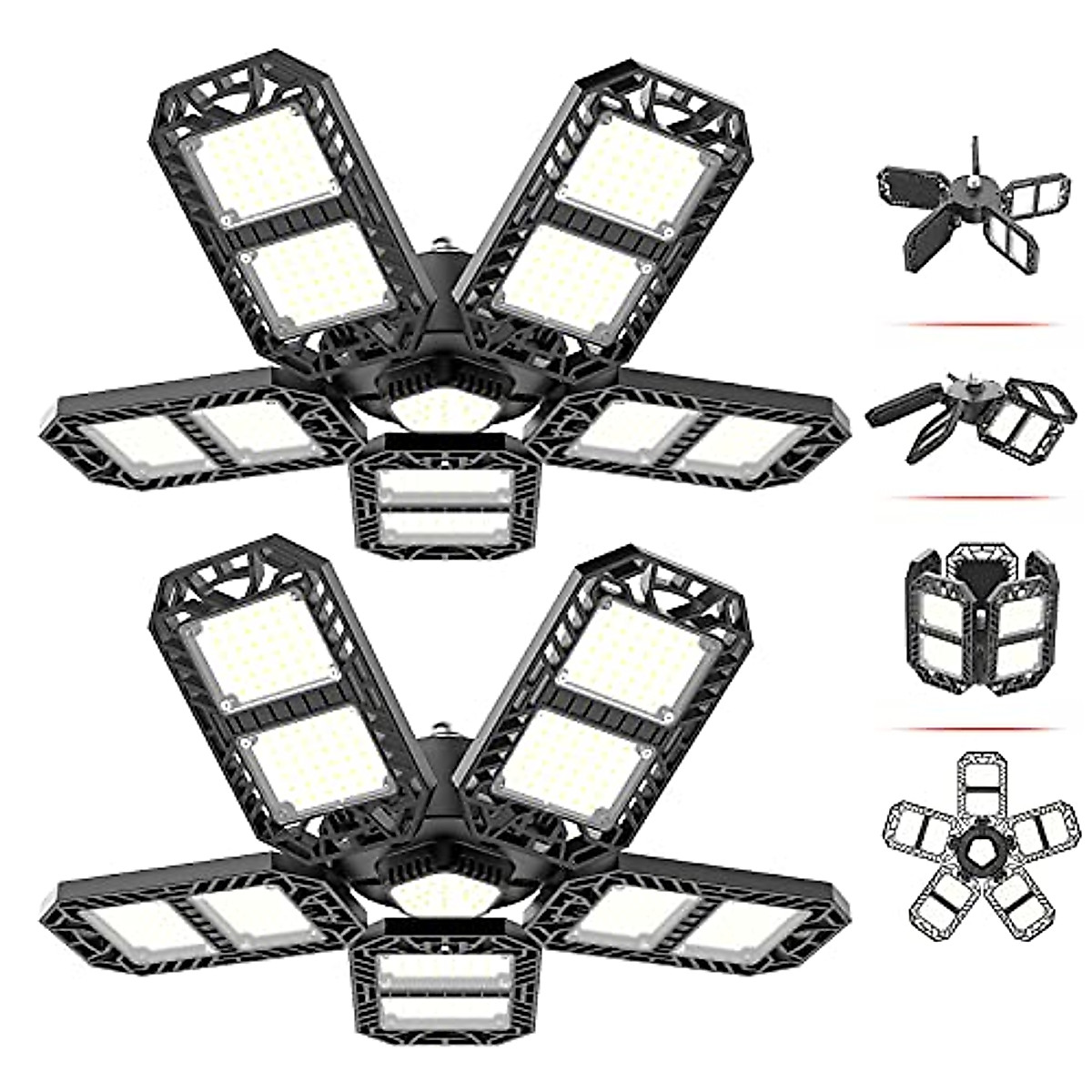 Rufbjkd LED Garage Light,300W Deformable LED Garage Ceiling Light with 5 Adjustable Leaf,Super Bright LED Shop Light With10+1 Glow Panels, Lighting for Garage Basement Warehouse,E26/E27 Base (2 Pack)