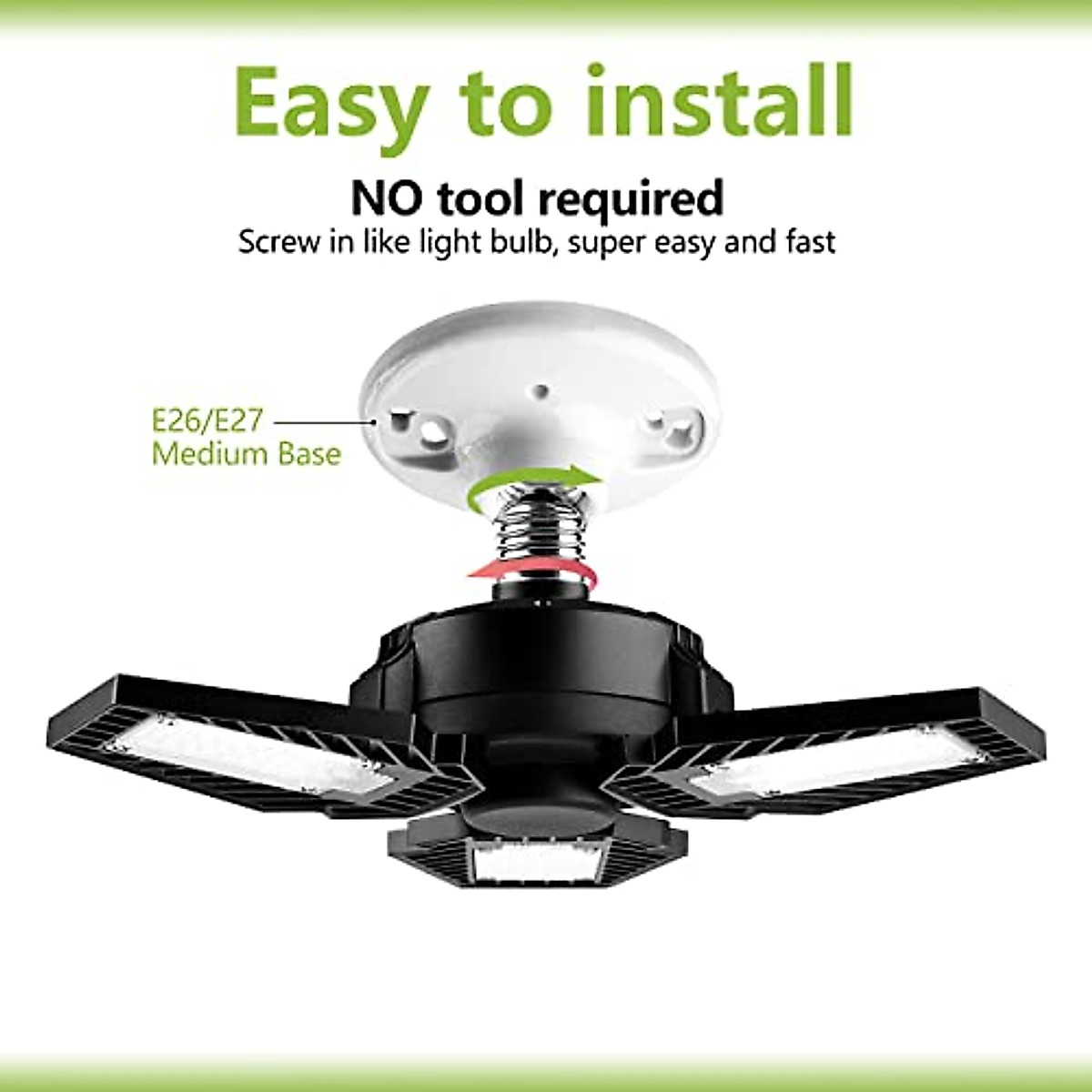 Pinegreen Lighting Garage Light, 50W LED Shop Light, 6000LM 5000K Daylight LED Garage Ceiling Lights with 3 Adjustable Panels Deformable Garage Lighting E26 Base (2 Pack)