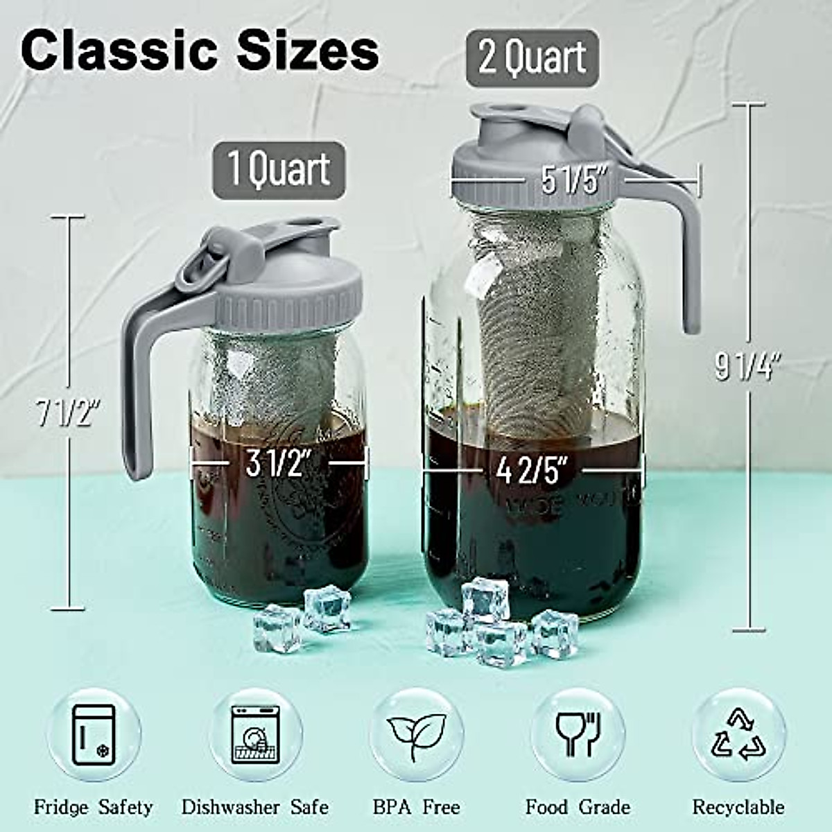 OneDream Cold Brew Coffee Maker - 2 Quart 64oz Stainless Steel Filter Cold Brew Pitcher Jar, No Leaks Cold Brew Mason Jar Coffee Maker, Easy to Clean Cold Coffee Maker