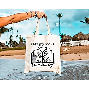 GXVUIS I Like My Books Spicy And My Coffee Icy Canvas Tote Bag for Women Aesthetic Teacher Mom Reusable Grocery Shopping Bag White