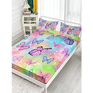 Datura home Bedding Fitted Sheet and Flat Sheet Set 4Pcs Colorful Rainbow Butterfly Printed Bedding Set with 1 Flat Sheet and 1 Fitted Sheet+2 Pillowcases for Girls,Rainbow Butterfly,Full 81x97in