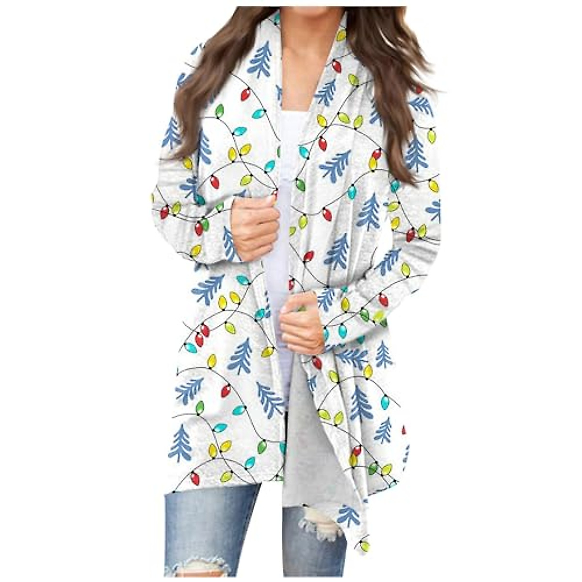 Womens Ugly Christmas Sweater,Womens Cardigan Sweaters Sexy Long Sleeve Open Front Lightweight Cardigan Oversized Vintage Gnome Graphic Xmas Sweaters Tops(D-Light Blue,XL)