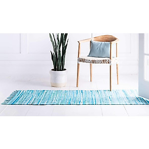 Unique Loom Chindi Cotton Collection Soft Hand Woven Natural Fiber Striped Area Rug, 2 ft 2 in x 6 ft 7 in, Turquoise/Ivory