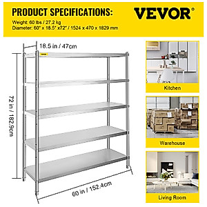 VBENLEM Stainless Steel Shelving 60x18.5 Inch 5 Tier Adjustable Shelf Storage Unit Stainless Steel Heavy Duty Shelving for Kitchen Commercial Office Garage Storage 330lb Per Shelf