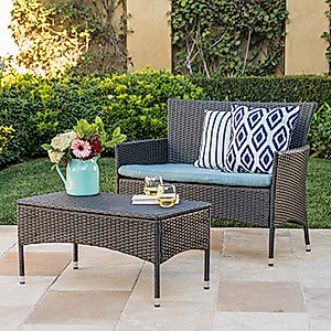 Christopher Knight Home Malta Outdoor Wicker Loveseat and Coffee Table Set with Water Resistant Cushions, Grey / Teal Cushion