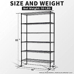 HCY Garage Shelving, 82x48x18 Metal Shelves 6 Tier Wire Shelving Unit Adjustable Heavy Duty Sturdy Steel Shelving with Casters for Pantry Garage Kitchen (Black)