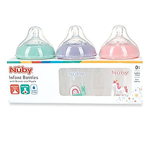 Nuby 3-Pack Infant Feeding Bottles with Slow Flow Breast Size Silicone Nipple: 0+ Months, 8oz, 3 Pack Set: Delicate Llama, Snail, Unicorn Prints