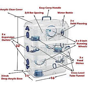New Sparkle Clear 3 Solid Floor Levels Habitat Syrian Hamster Rodent Gerbil Mouse Mice Cage Transparent (Blue)