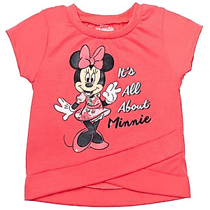 Disney Minnie Mouse Toddler Girls Crossover T-Shirt Bike Shorts and Scrunchie 3 Piece Outfit Floral Coral/White 4T