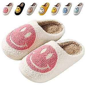 Smiley Face Slippers for Women, Cozy Smiley Slippers Fluffy Retro Preppy Slippers Comfy Happy Face Slippers Soft Slippers for Women