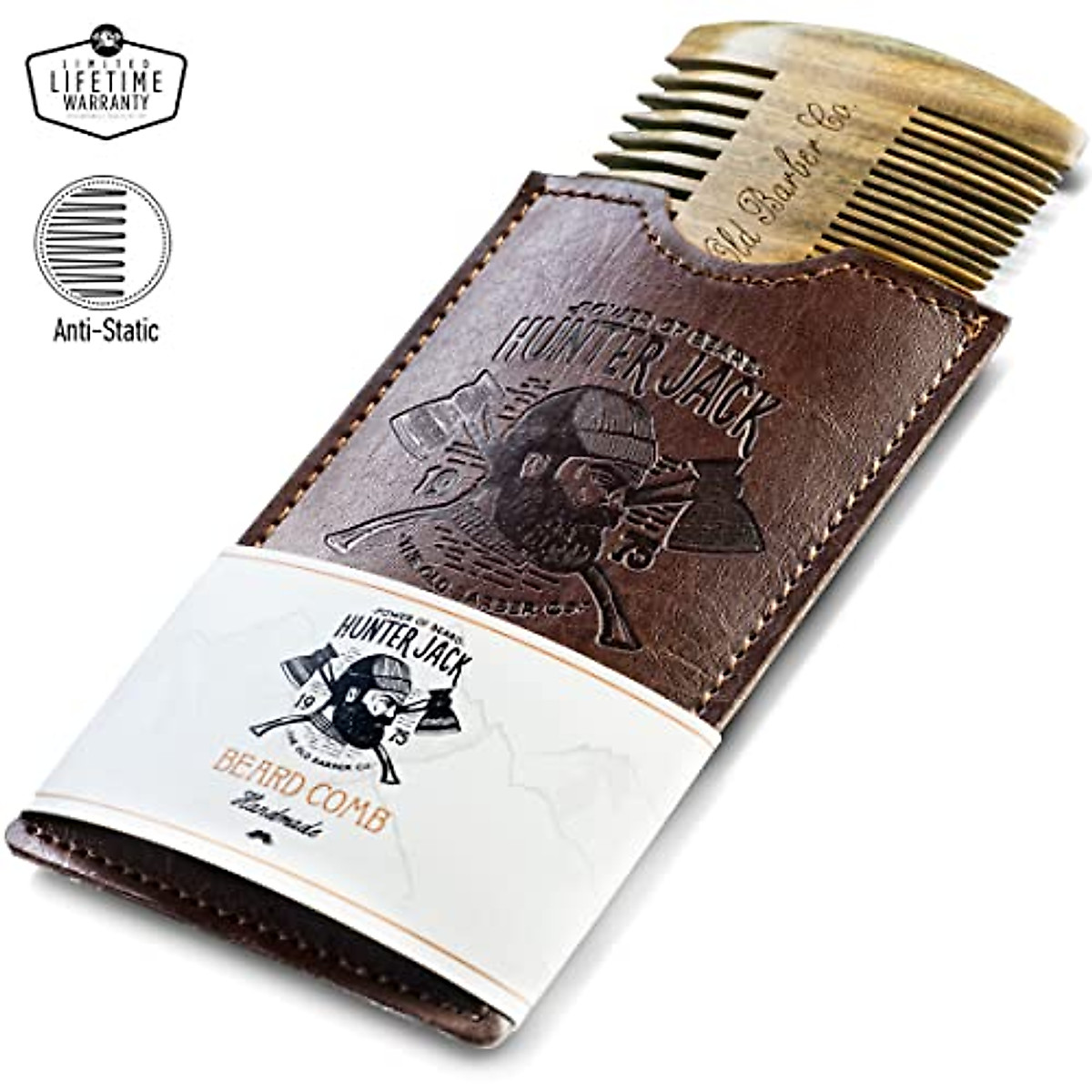 Beard Comb Kit for Men - Great for Head Hair, Beard Grooming & Mustache - Sandalwood Handmade Premium Wood - Fine Dual Action Teeth - Beard Care Kit for Men, Gift "Hunter Jack" PU Leather Case