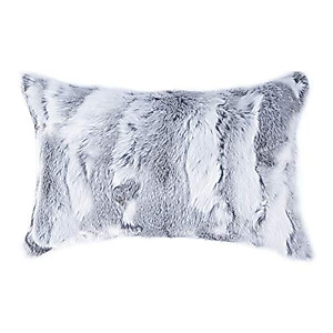 Natural Fur Throw Pillow Cover with Soft Poly Insert | Handcrafted Fluffy Decorative Pillow with Real Rabbit Fur, Grey, 12 in x 20 in