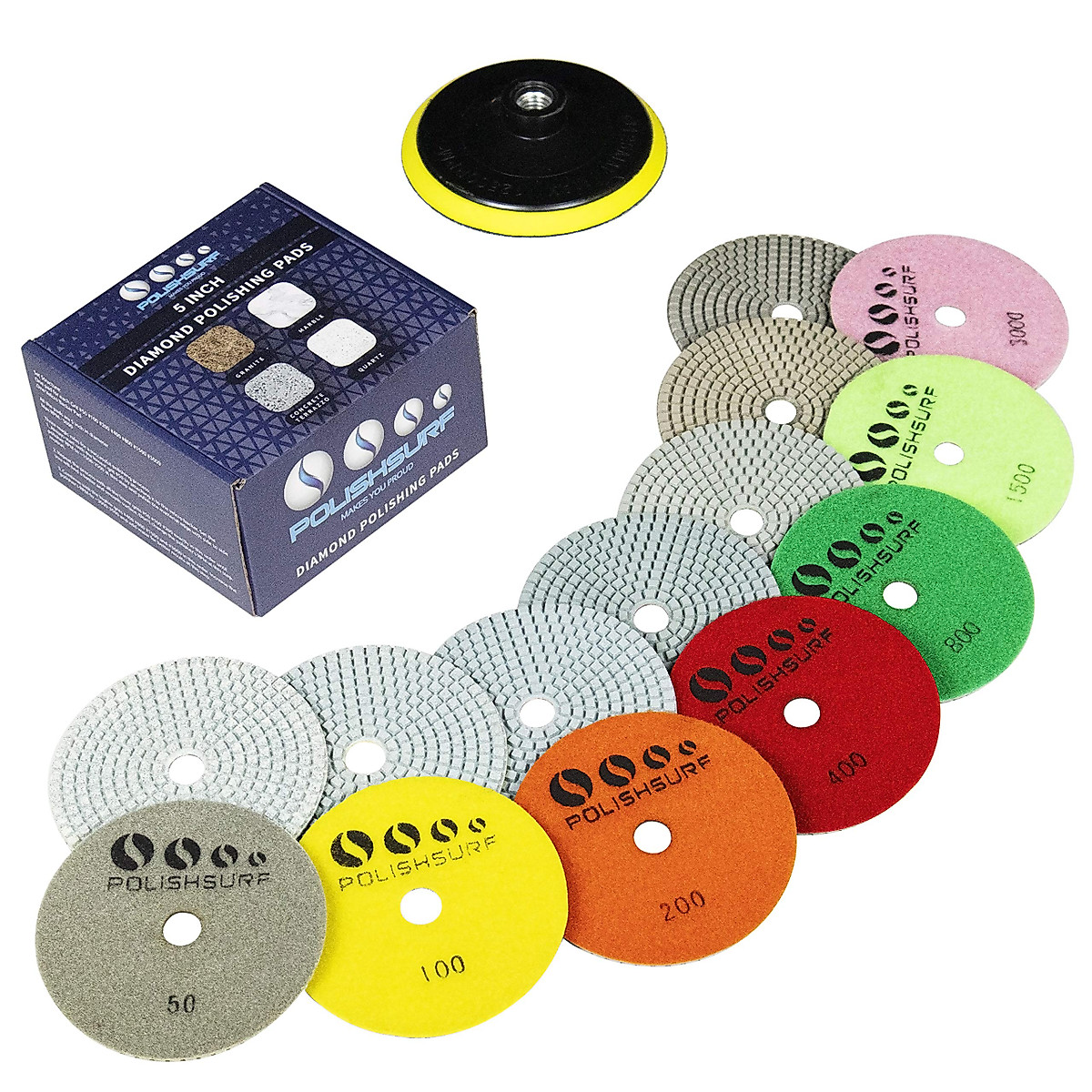 Diamond Polishing Pads 5 Inch Wet Dry Set 8 Pieces for Marble Quartz Stone Countertop Granite Concrete Polishing - by POLISHSURF