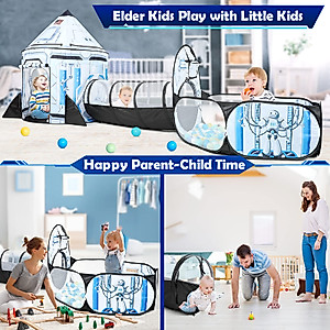 Senodeer Rocket Ship Kids Play Tent: 3Pcs Toddlers Pop Up Ball Pit and Play Tunnel for Indoor Outdoor, Spaceship Baby Playhouse Toys for 1-3 Year Old Boys Girls (3 in 1 Kids Tent)