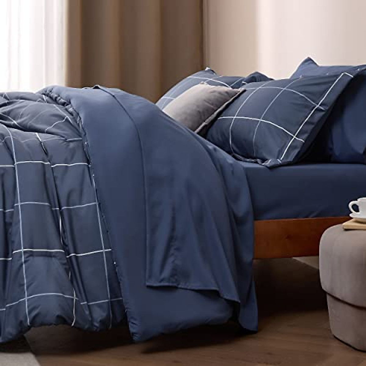 Bedsure Twin Comforter Set - 5 Pieces Navy Blue Grid Bedding Sets Twin Bed in A Bag with Comforters Twin Size, Sheets, Pillowcase & Sham, Bed Sets