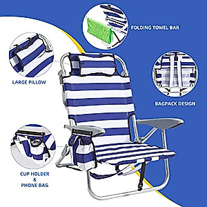 Canpsky Portable Beach Chair for Adults, 4 Position Backpack Folding Camping Chairs for Outdoor, Beach Chairs with Backpack Straps,Blue White…